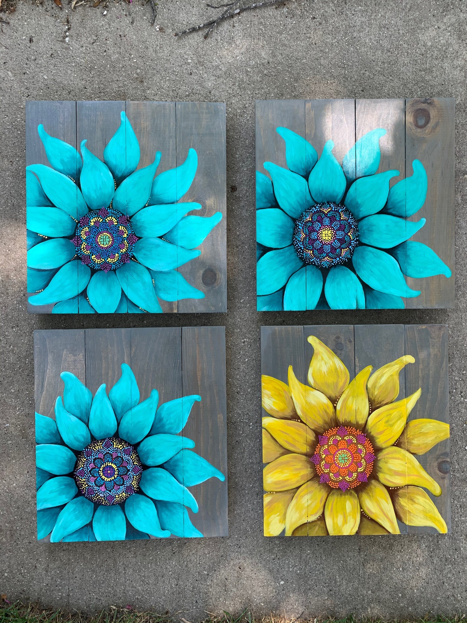 Teal Sunflower, Sunflower Barn Door, Flower Painting, Rustic Sunflower ...