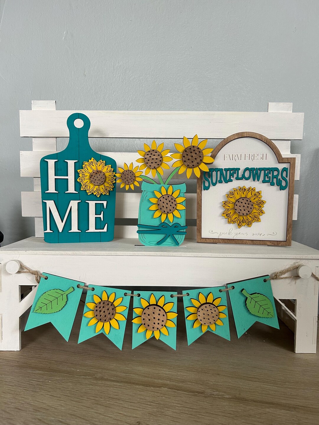 Summer Sunflower Tiered Tray Decor: 5-pc Farmhouse Wood Sign & Garland ...