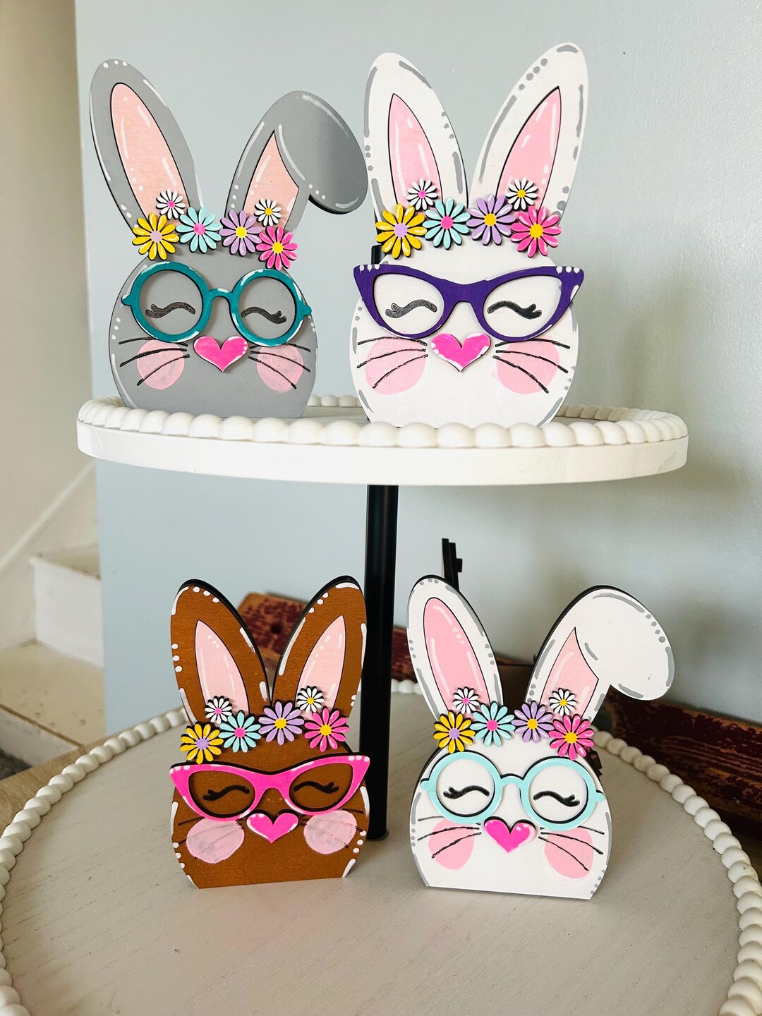Cute Easter Bunny Shelf Sitters, Floral Crown Bunny Decor, Pastel Bunny ...