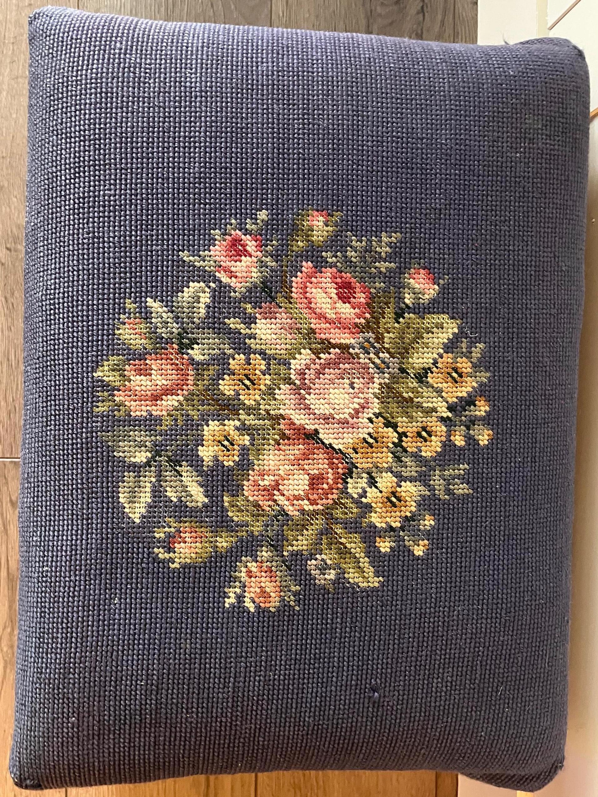 Needlepoint Stool Navy Blue Floral Handmade Wood Legs Queen Anne Legs ...