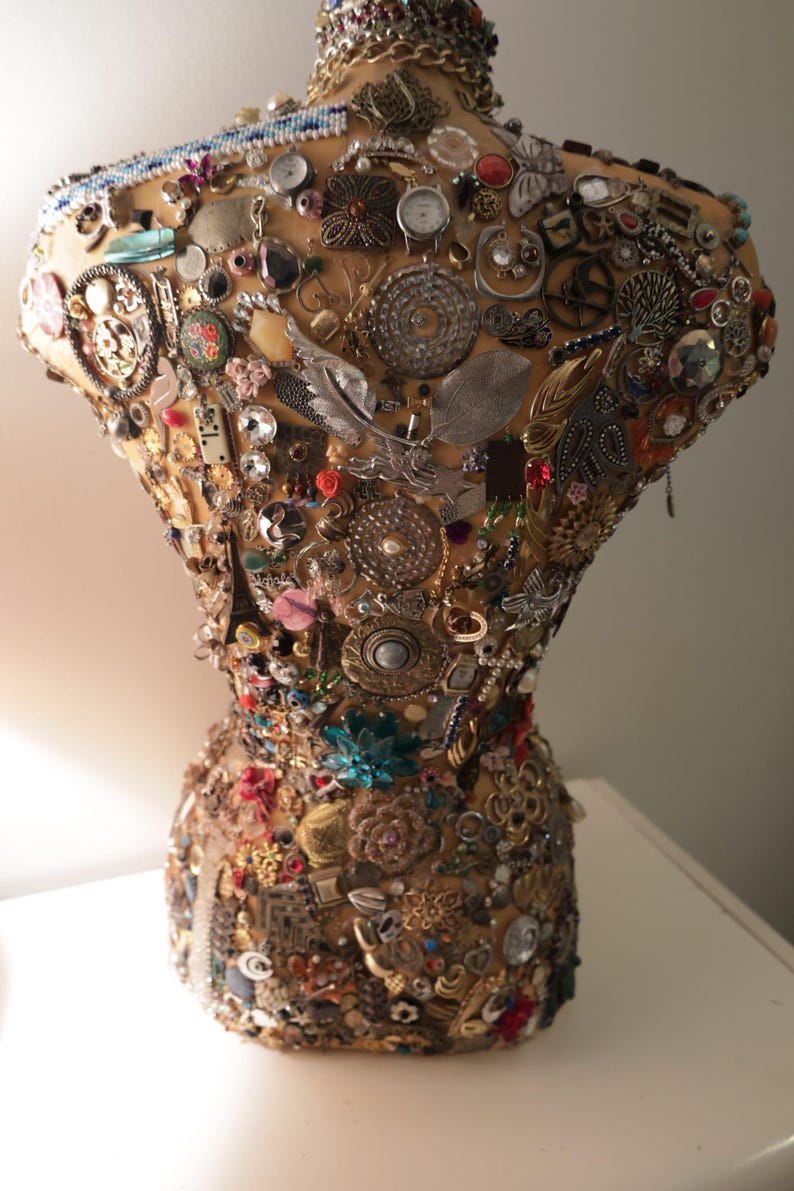 Vintage Mannequin Encrusted With Vintage Charm, Pins, Gems, Brooches ...