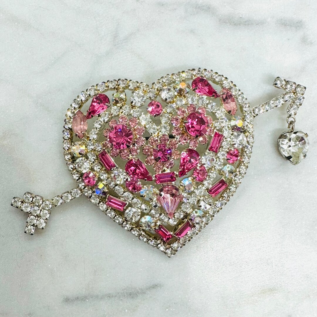 Vintage Pretty in Pink Heart & Arrow Rhinestone Brooch - Etsy