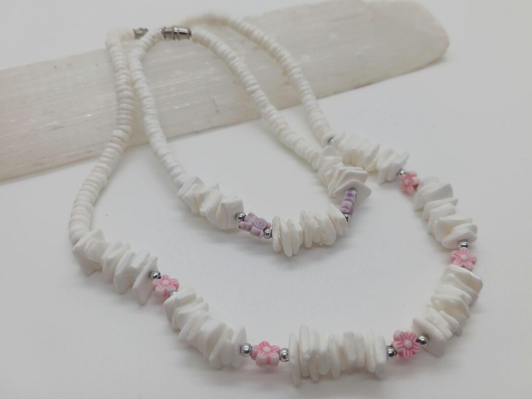 Vintage Puka Shell Necklace Bracelet Set – 90s Beach Style Floral ...