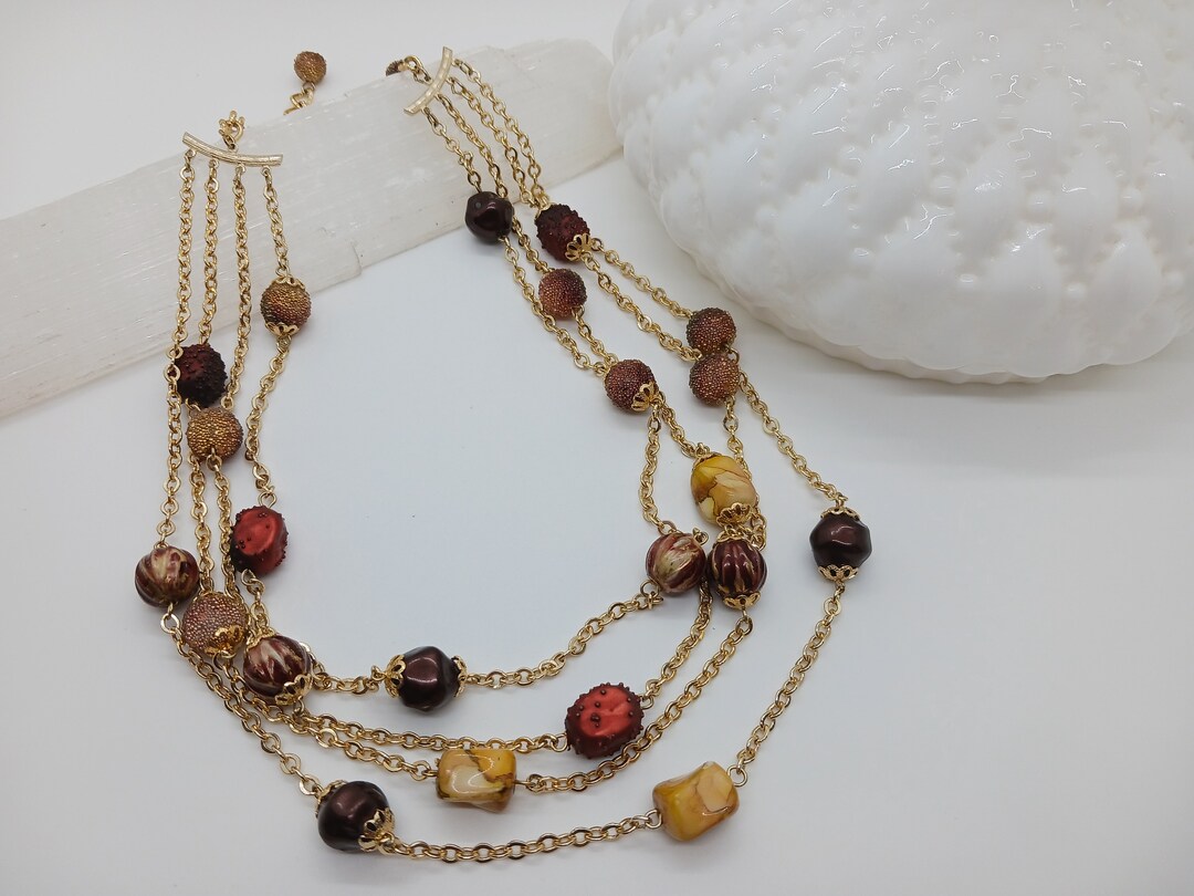 Vintage Hong Kong Signed 4 Strand Chain Necklace With Textured Beads in ...