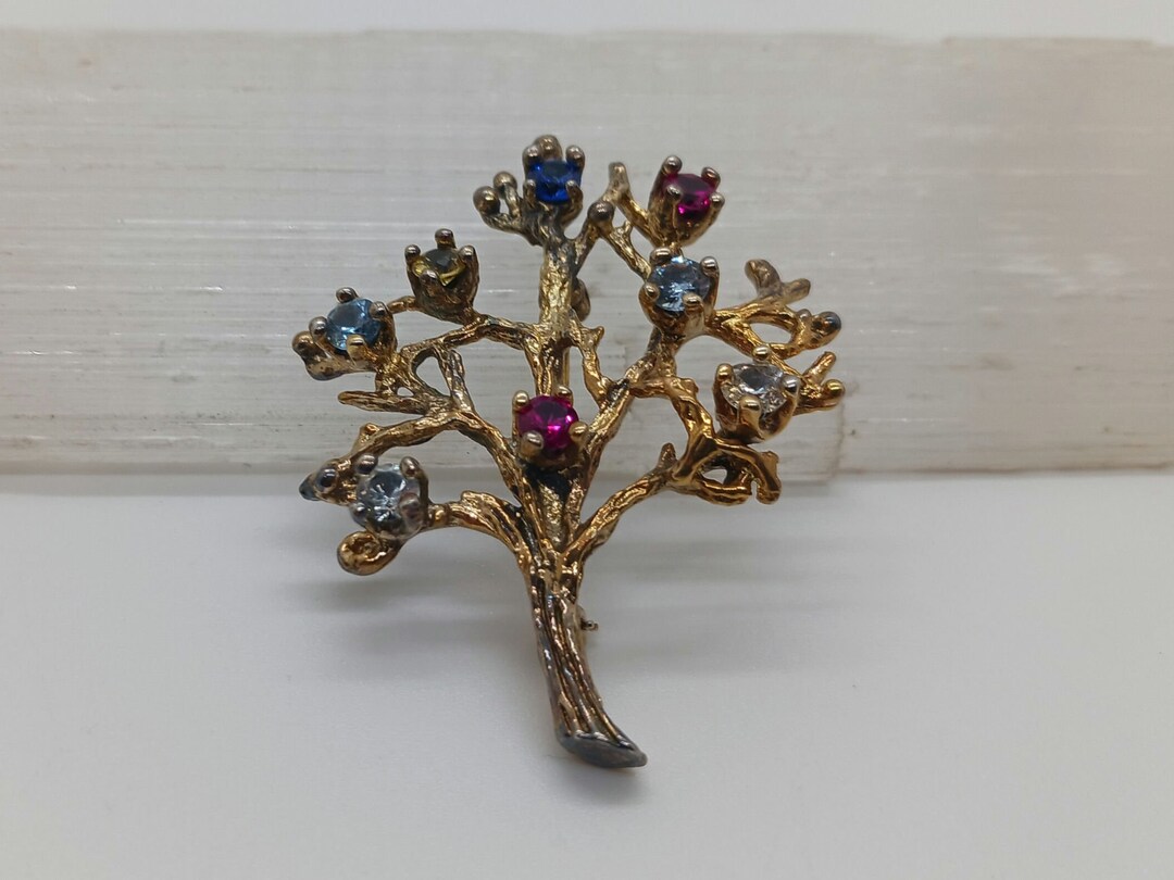 Vintage Family Tree Brooch; Tree of Life Jewelry With Multicolor Gem ...