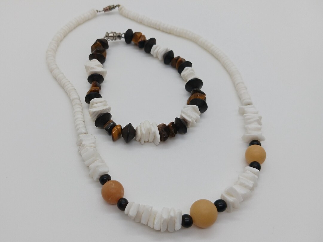 Puka Shell Necklace & Bracelet With Tiger's Eye Set; Early 2000's ...