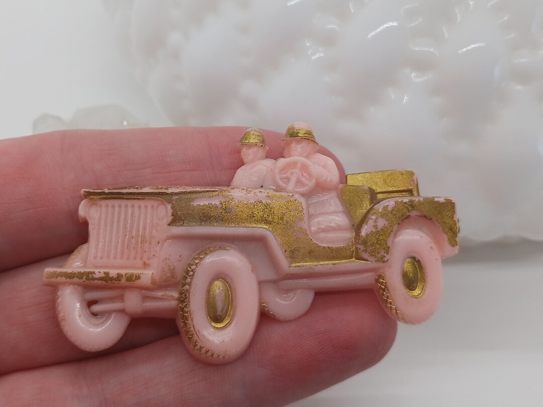 1940's Pink Celluloid Willy's Jeep Pin, Pink and Gold World War 2 Jeep ...