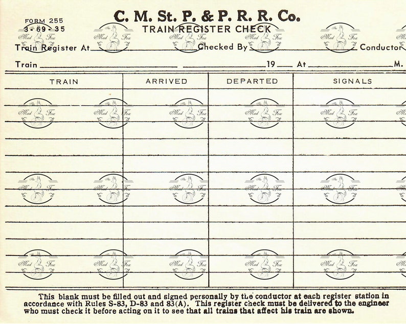 Vintage C. M. St. P. & P. R. R. Co. Train Register Check Forms. 1930s ...