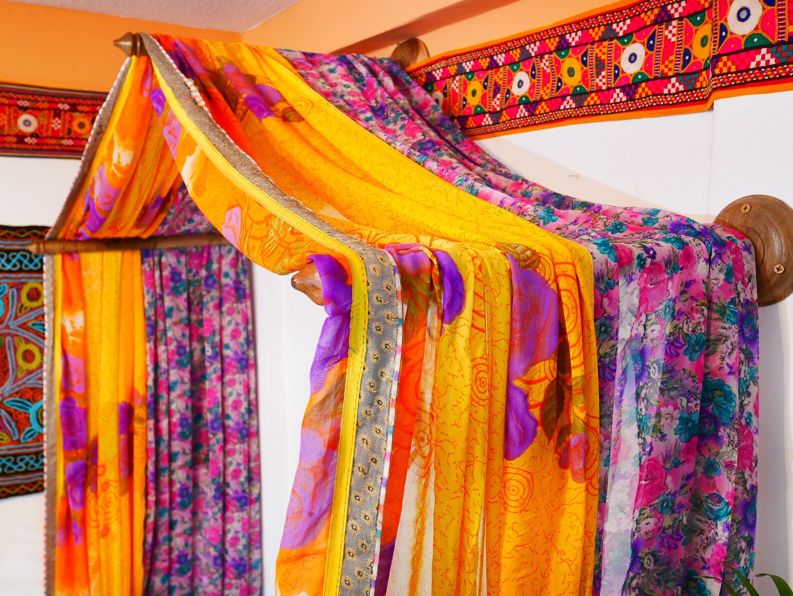 Boho Bed Canopy, Saree Canopy Frame With Handcrafted Walnut Wood Rods ...