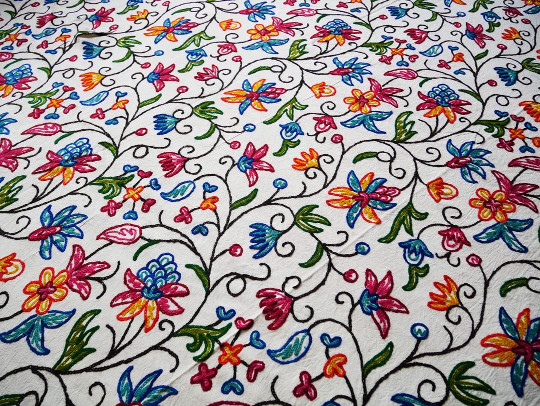 Kashmiri Crewel Bed Throw – Hand-embroidered Floral Bedspread for Cozy ...