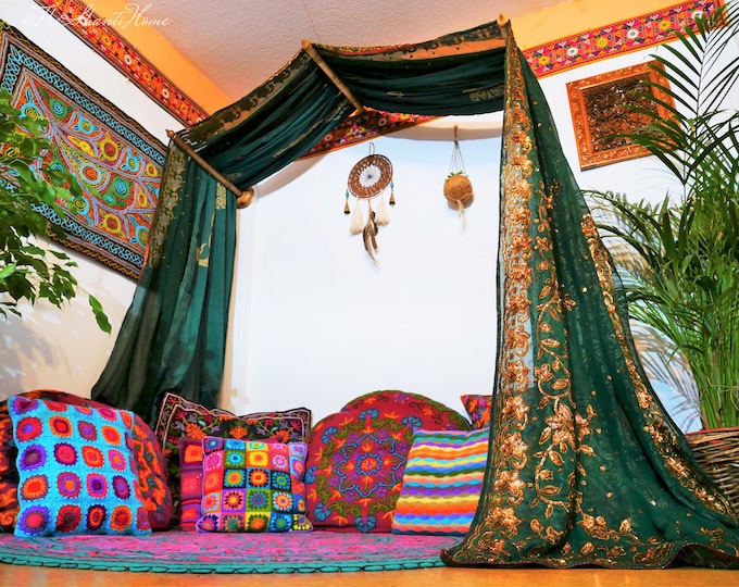 Boho Bed Canopy Saree Canopy Frame With Handcrafted Walnut - Etsy