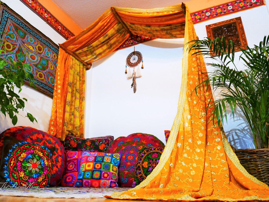 Boho Bed Canopy, Saree Canopy Frame With Handcrafted Walnut Wood Rods ...