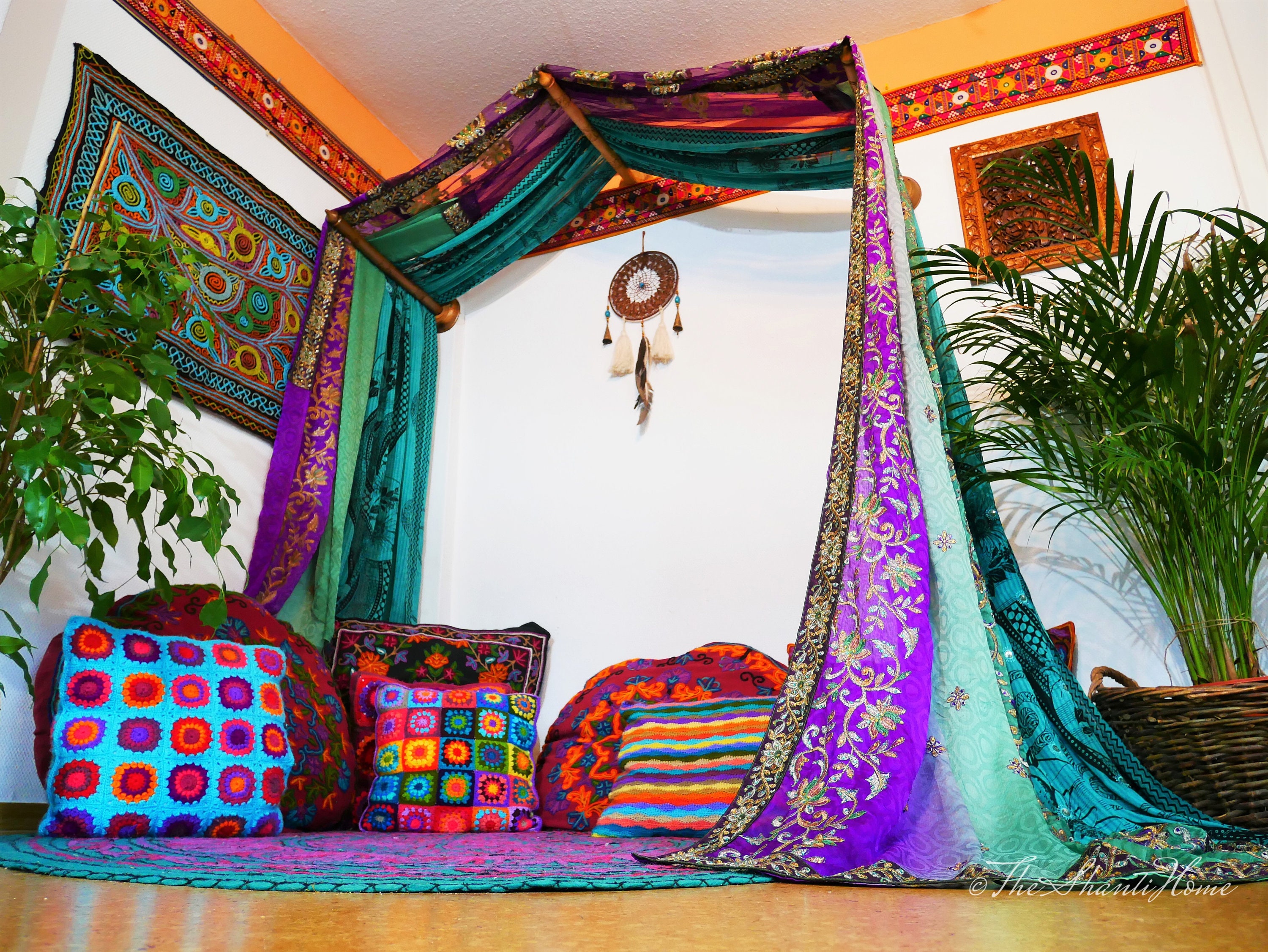 Boho Bed Canopy Saree Canopy Frame With Handcrafted Walnut - Etsy