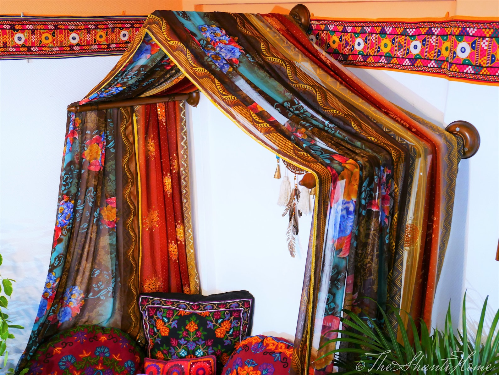 Boho Bed Canopy, Saree Canopy Frame With Handcrafted Walnut Wood Rods ...