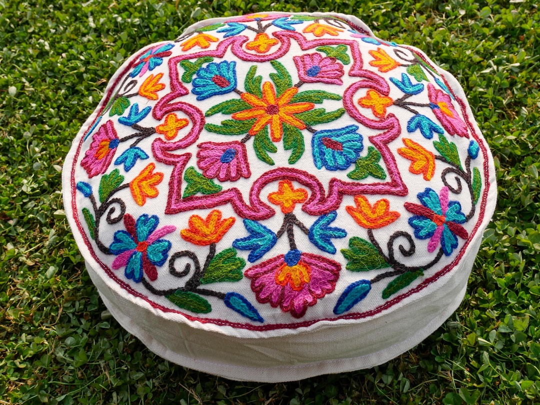 Boho Meditation Cushion – Kashmiri Hand-embroidered Round Floor Pillow ...