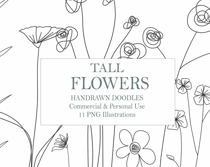 Doodle Flower Clipart, Line Art Flower Clipart, Commercial Use, Line ...