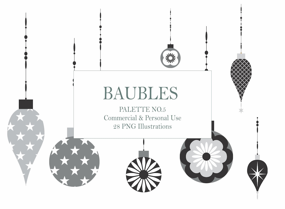 Black & White Christmas Clipart, Christmas Bauble Clipart, Instant ...