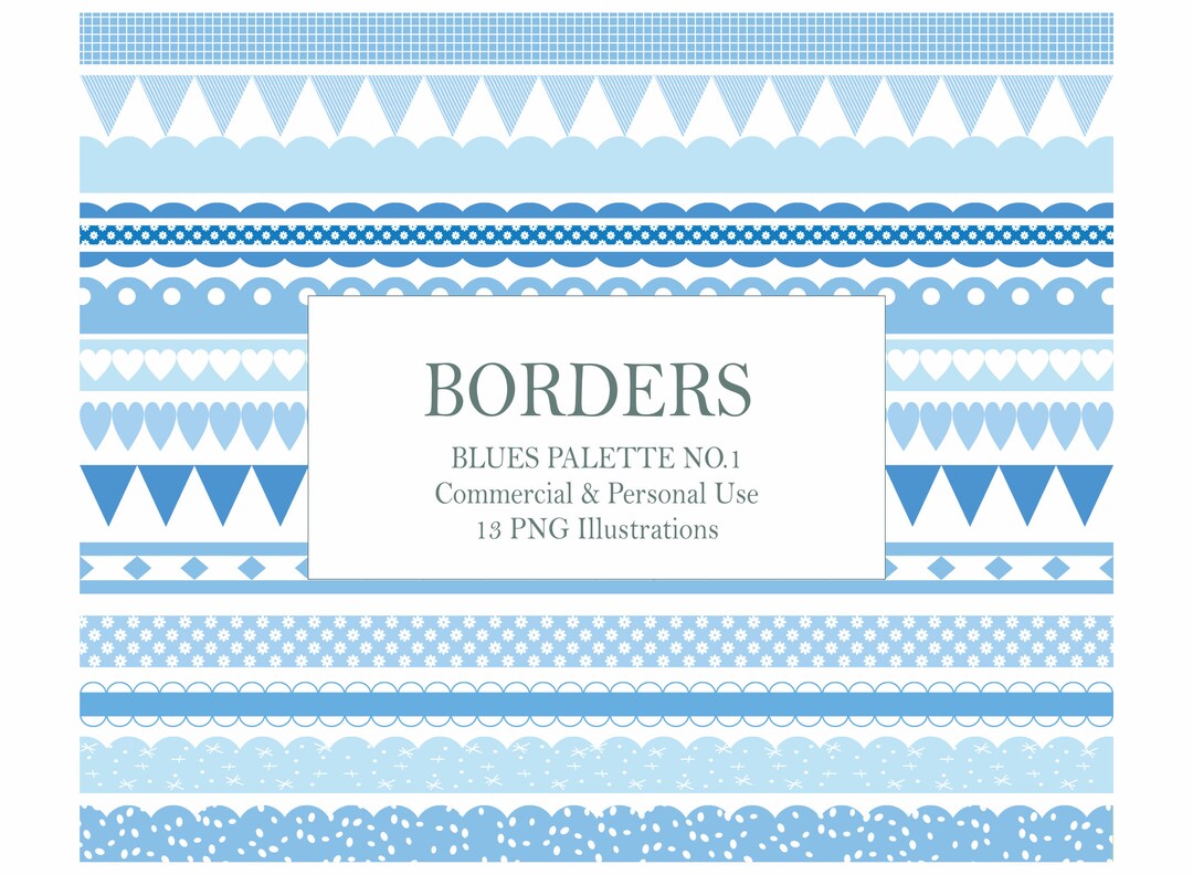 Border Clipart, Blue Border Clip Art, Hearts, Flowers, Scallop, Instant ...