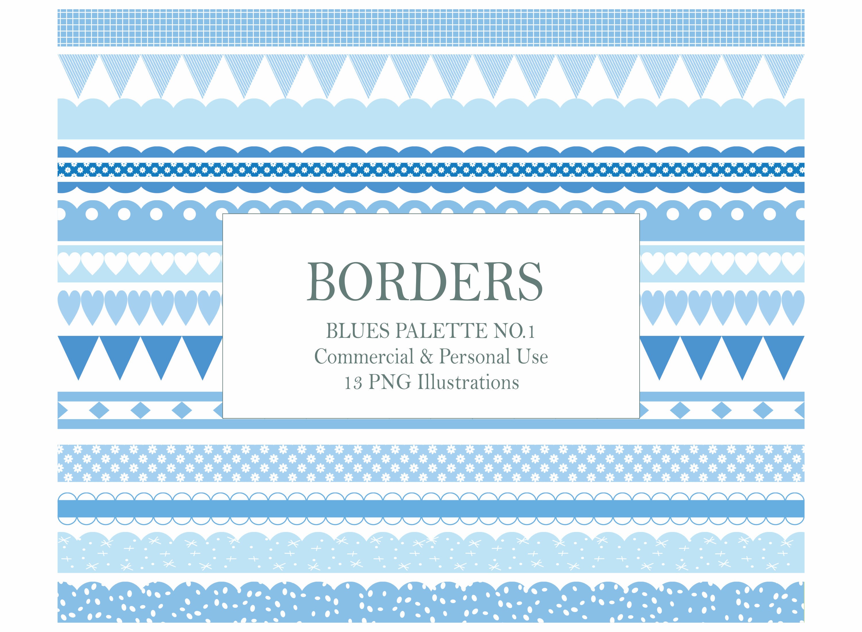 Border Clipart, Blue Border Clip Art, Hearts, Flowers, Scallop, Instant ...