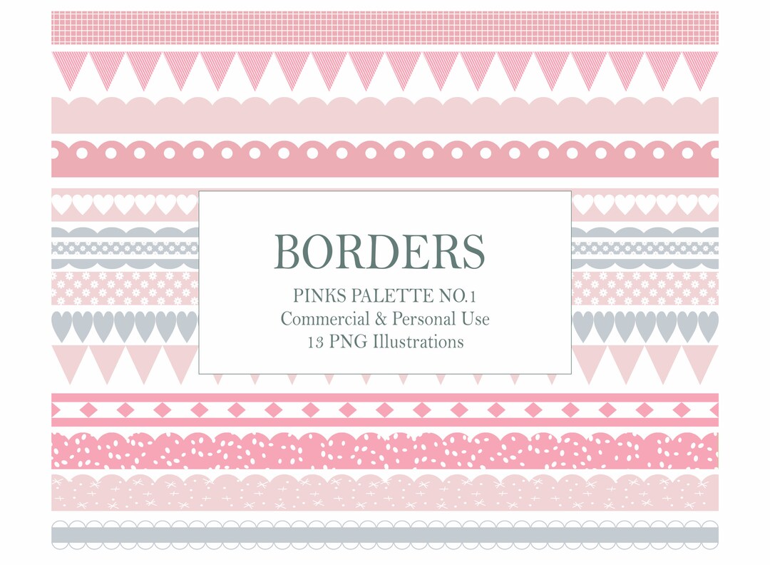 Border Clipart, Pink Border Clip Art, Hearts, Flowers, Scallop, Instant ...