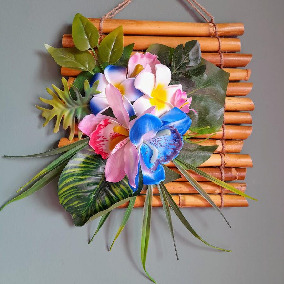 Tiki Tropical Wall Hanging Flowers Bamboo Decor Blue Pink Orchid ...