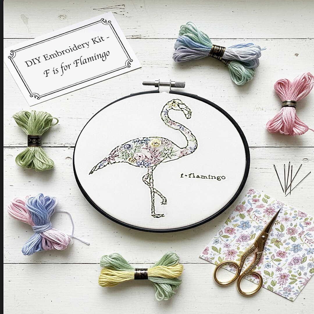 Floral Flamingo Embroidery Kit: Animal Alphabet DIY Craft, Nursery ...