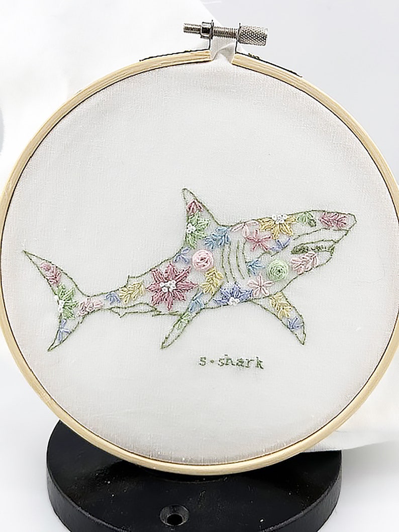 Animal Alphabet Floral Embroidery Kit of a Shark With Flowers. Hand ...