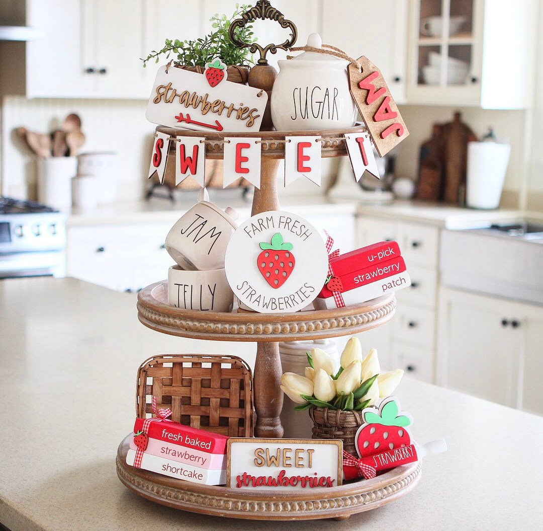 Strawberry Tiered Tray Decor, Strawberry Home Decor Display, Wood ...