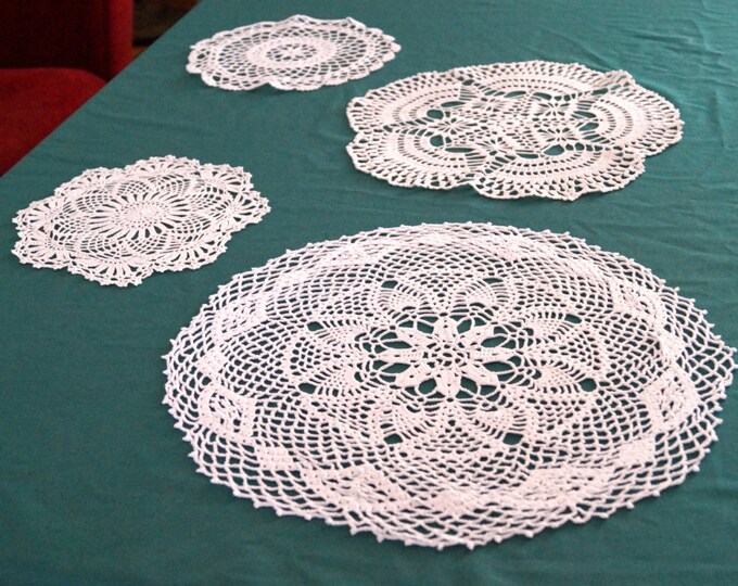 Vintage Doilies Set. Hand Crocheted White Doilies Set of 4. Shabby Chic ...