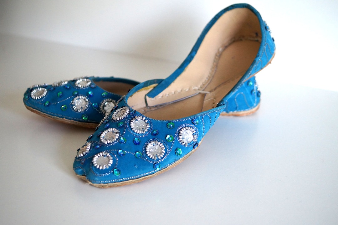 Vintage Embroidered Leather Indian Flats: Blue Beaded Slippers, EU 41 ...