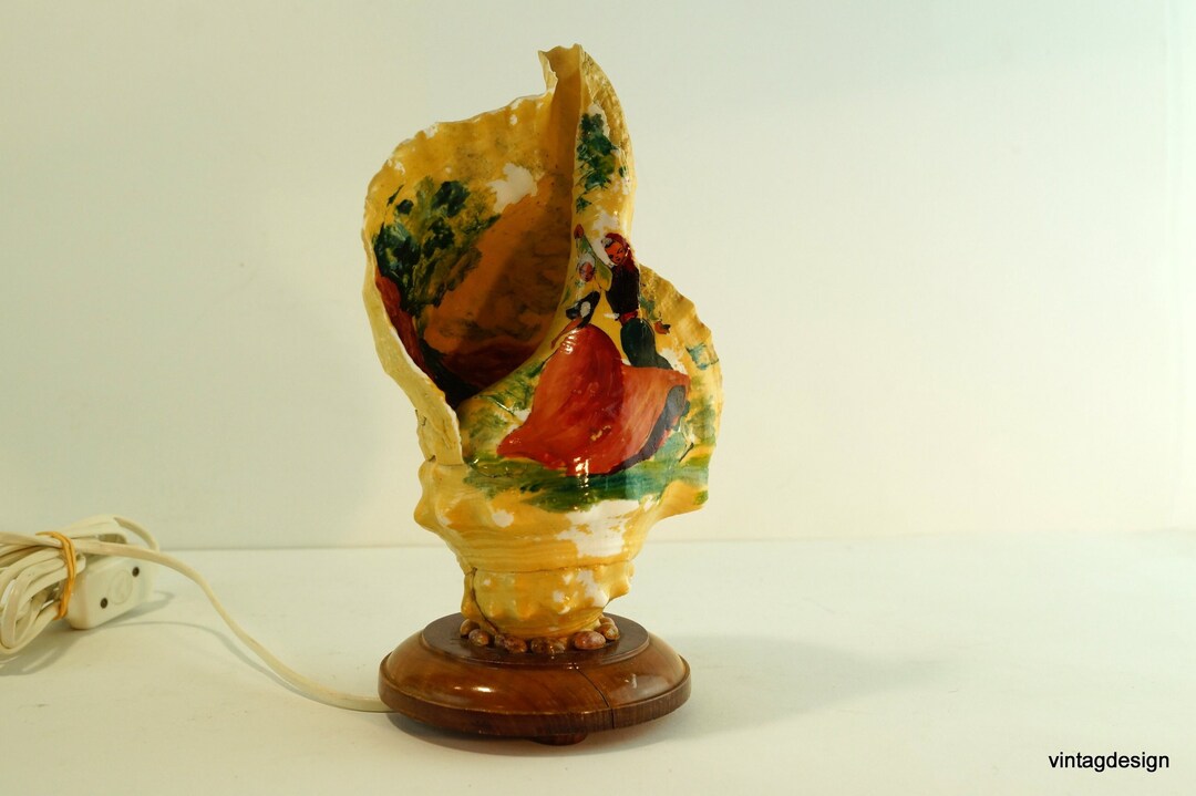 Vintage Spanish Shell Lamp: Handmade Wood Base, Painted Design - Etsy