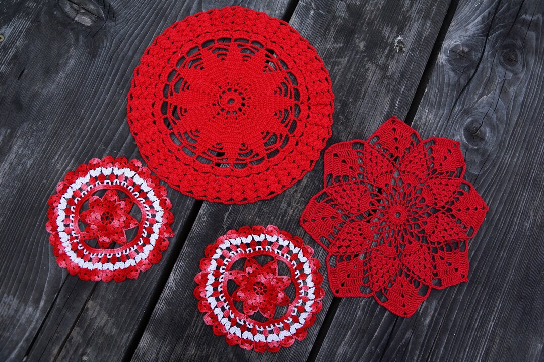 Hand Crocheted Red Lace Doilies - Set of 4 Vintage Shabby Chic Decor - Etsy