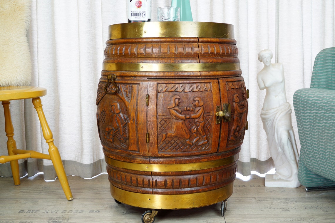 Barrel Bar & Storage Cabinet Hand Carved From the 1950s With - Etsy