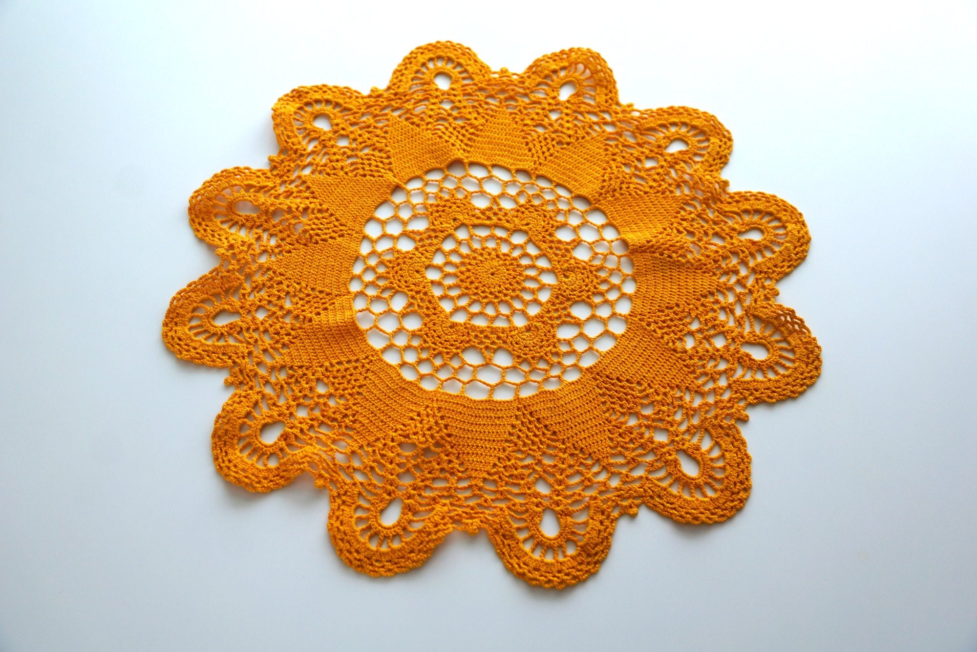 Vintage round crochet doily Yellow handmade dolie Vintage Lace | Etsy