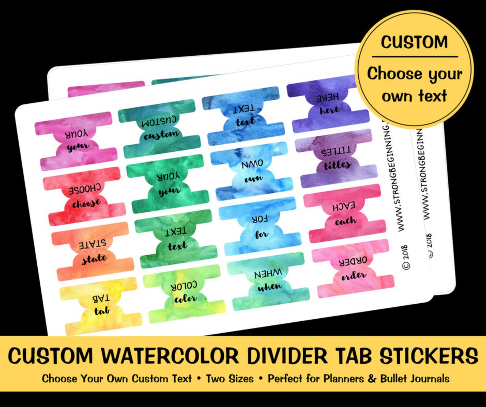Custom Text Watercolor Divider Tab Stickers Custom Text | Etsy
