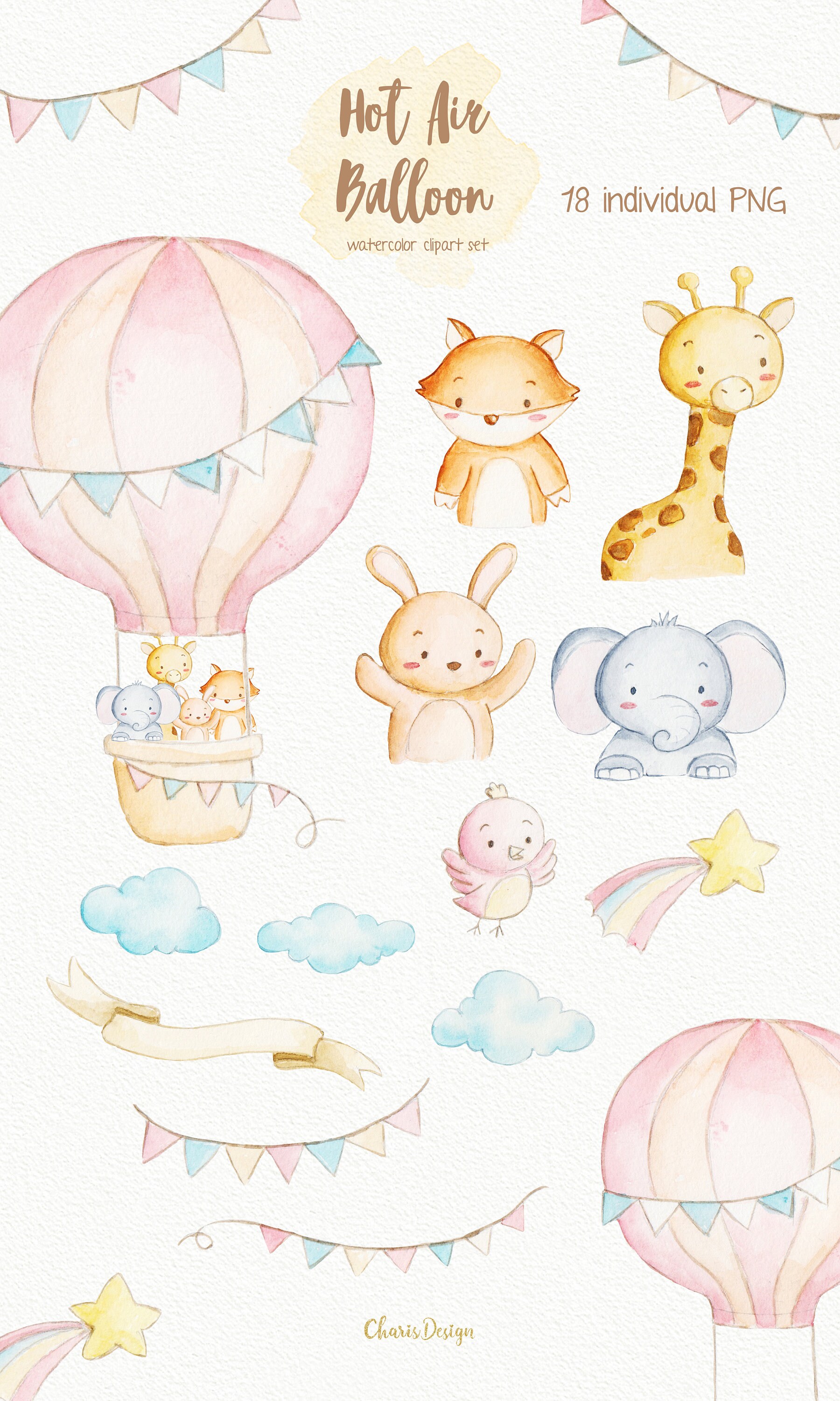 Hot Air Balloon Clipart Watercolor Nursery Animal Bunny - Etsy