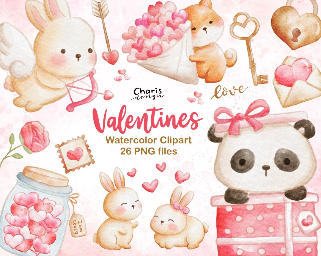 Sweet Valentine Clipart Love Romantic Gift Heart Panda Dog Rabbit Cupid ...