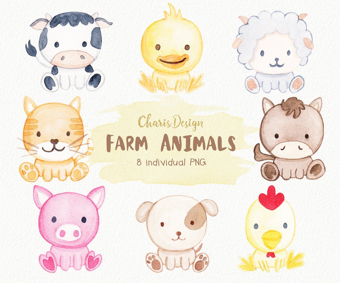 Farm Clipart Animal Illustration Watercolor Baby Dog Cat Sheep Horse ...