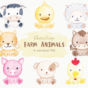 Farm Clipart Animal Illustration Watercolor Baby Dog Cat Sheep Horse ...