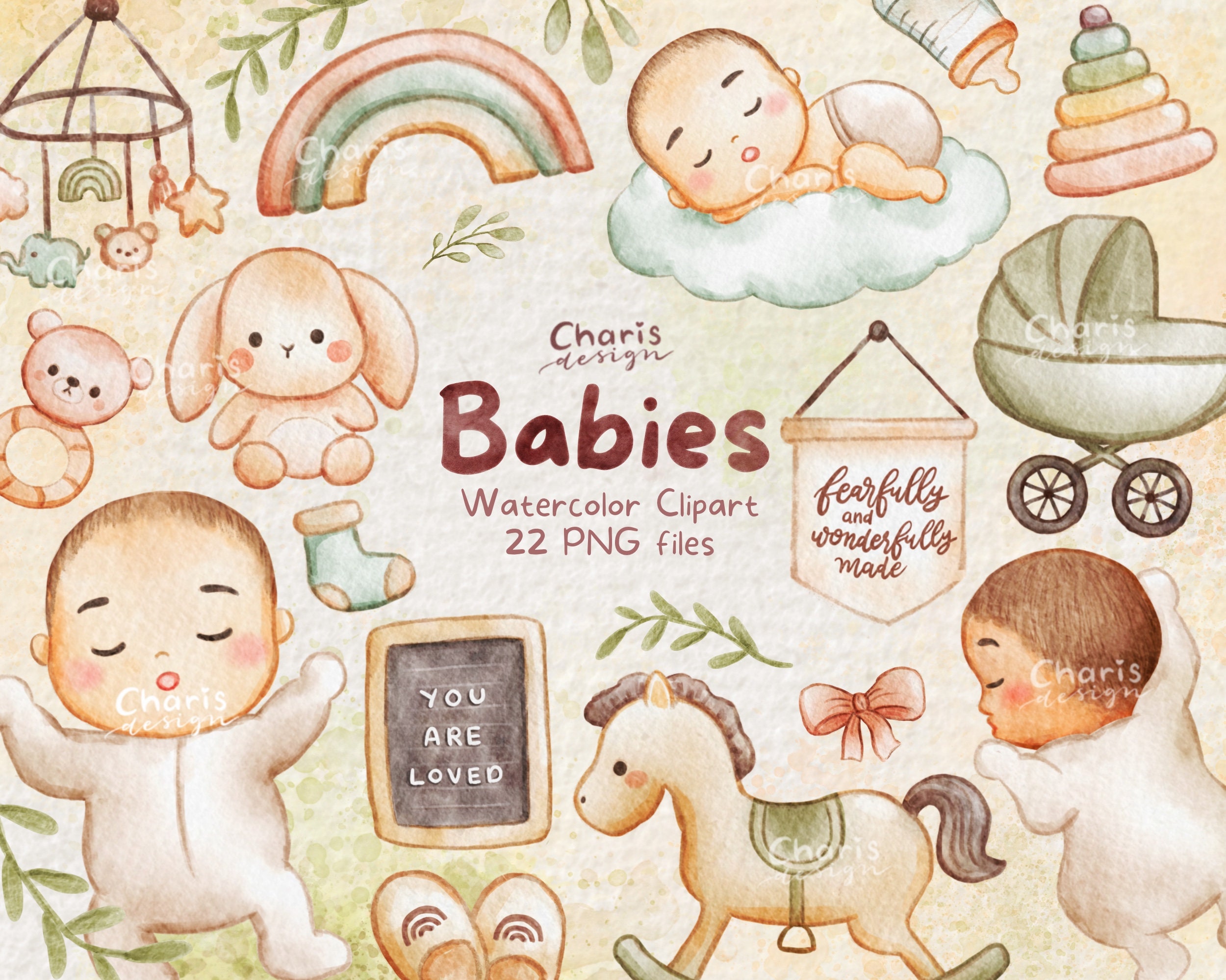 Baby Newborn Toys Watercolor Clipart Illustration Rattle Bunny - Etsy
