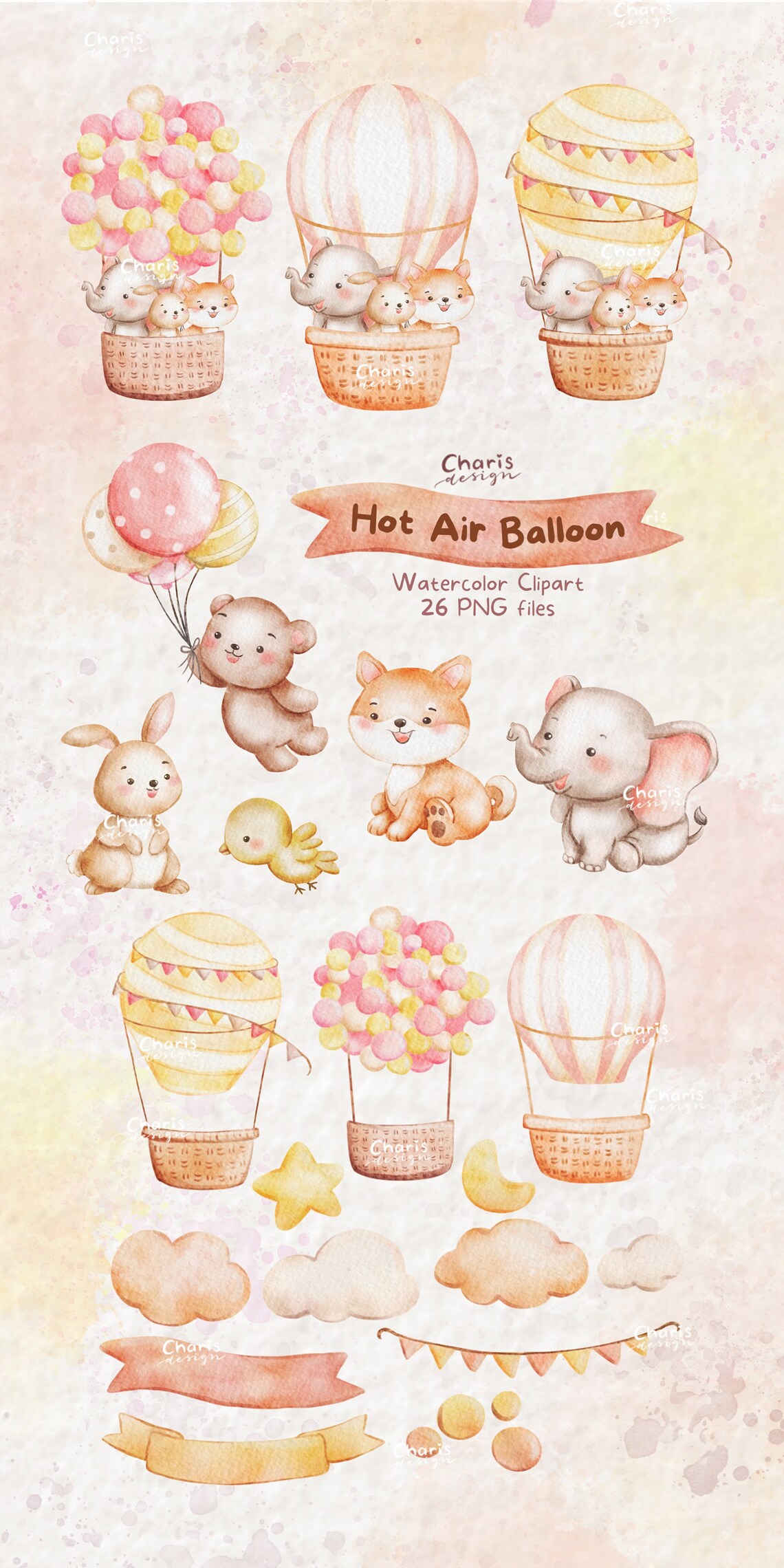 Hot Air Balloon Clipart Watercolor Nursery Animal Bunny - Etsy