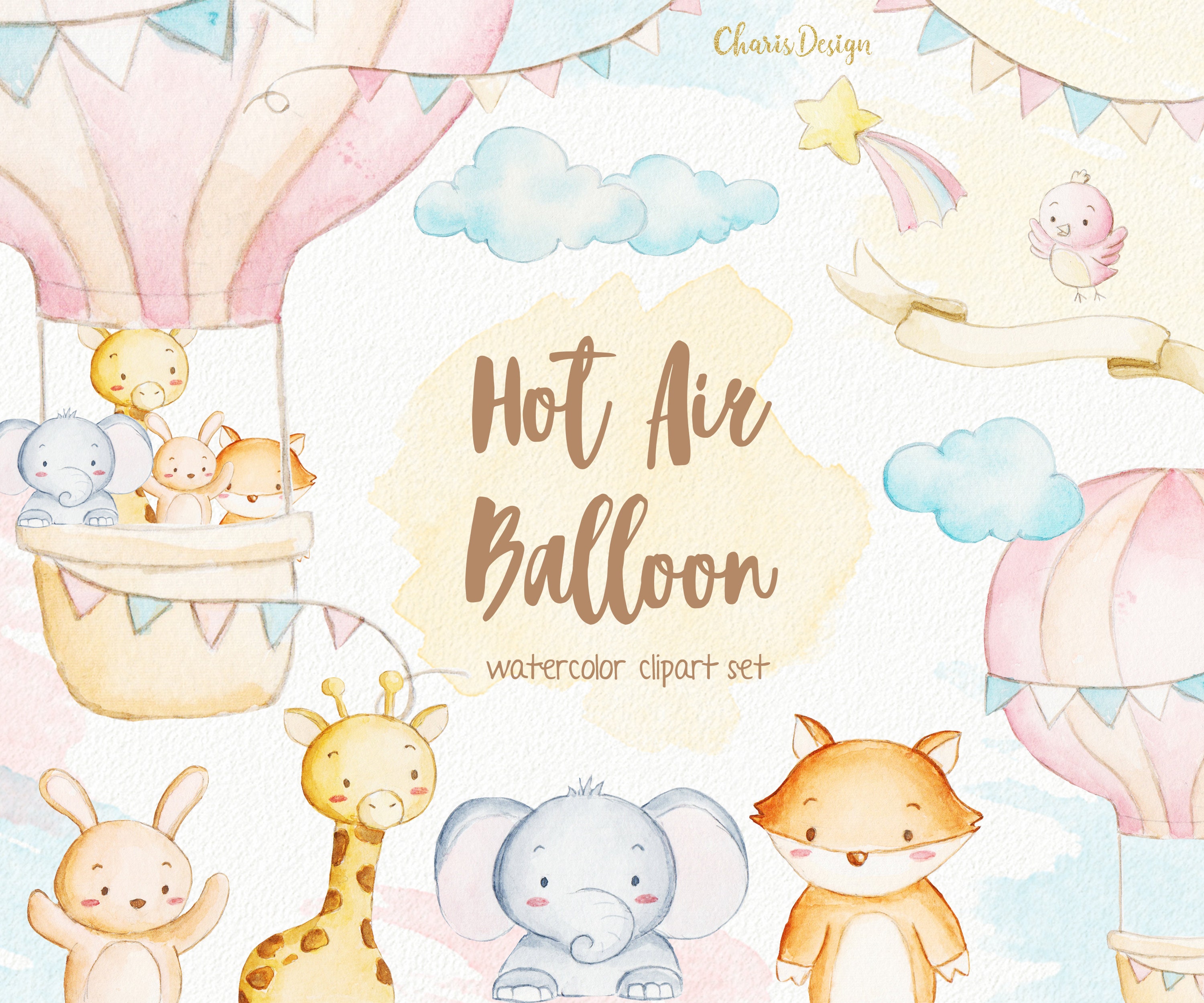 Hot Air Balloon Clipart Watercolor Nursery Animal Bunny - Etsy