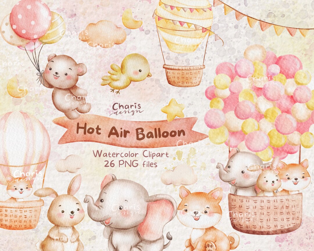 Hot Air Balloon Clipart Watercolor Nursery Animal Bunny Elephant Bear ...