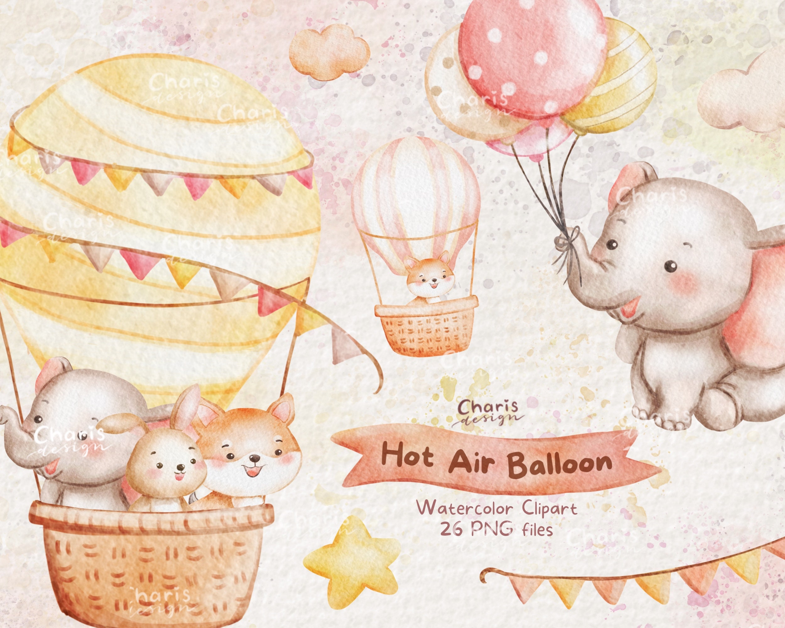 Hot Air Balloon Clipart Watercolor Nursery Animal Bunny - Etsy