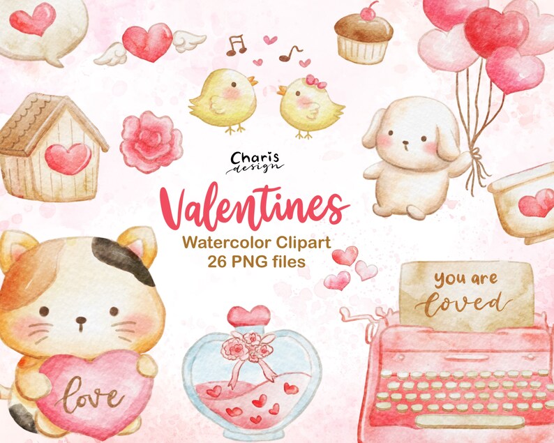 Sweet Valentine Clipart Love Romantic Gift Heart Panda Dog Rabbit Cupid ...