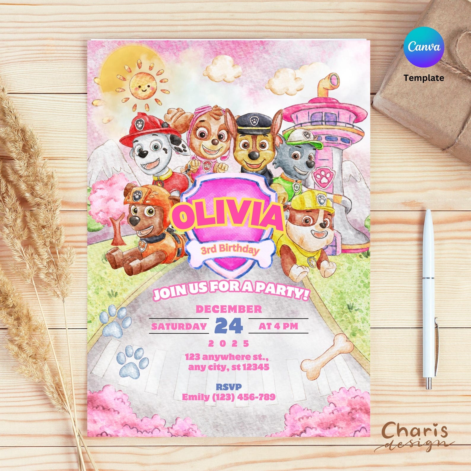 Editable Skye Patrol Birthday Invitation | Watercolor Dog Template ...