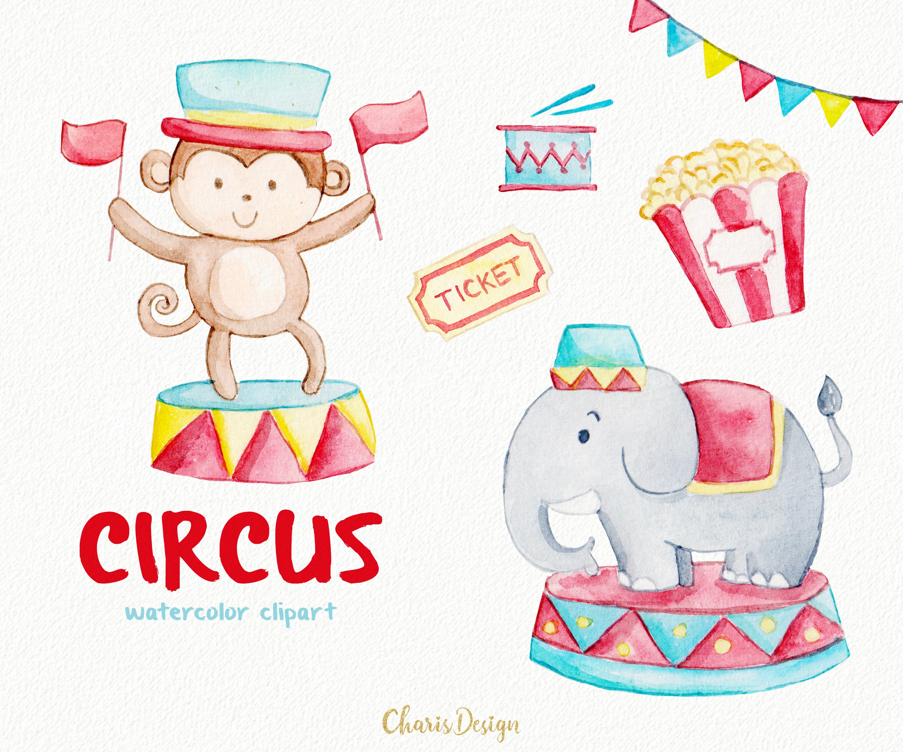 Circus Animal Watercolor Clipart Elephant Monkey Bear Festive - Etsy