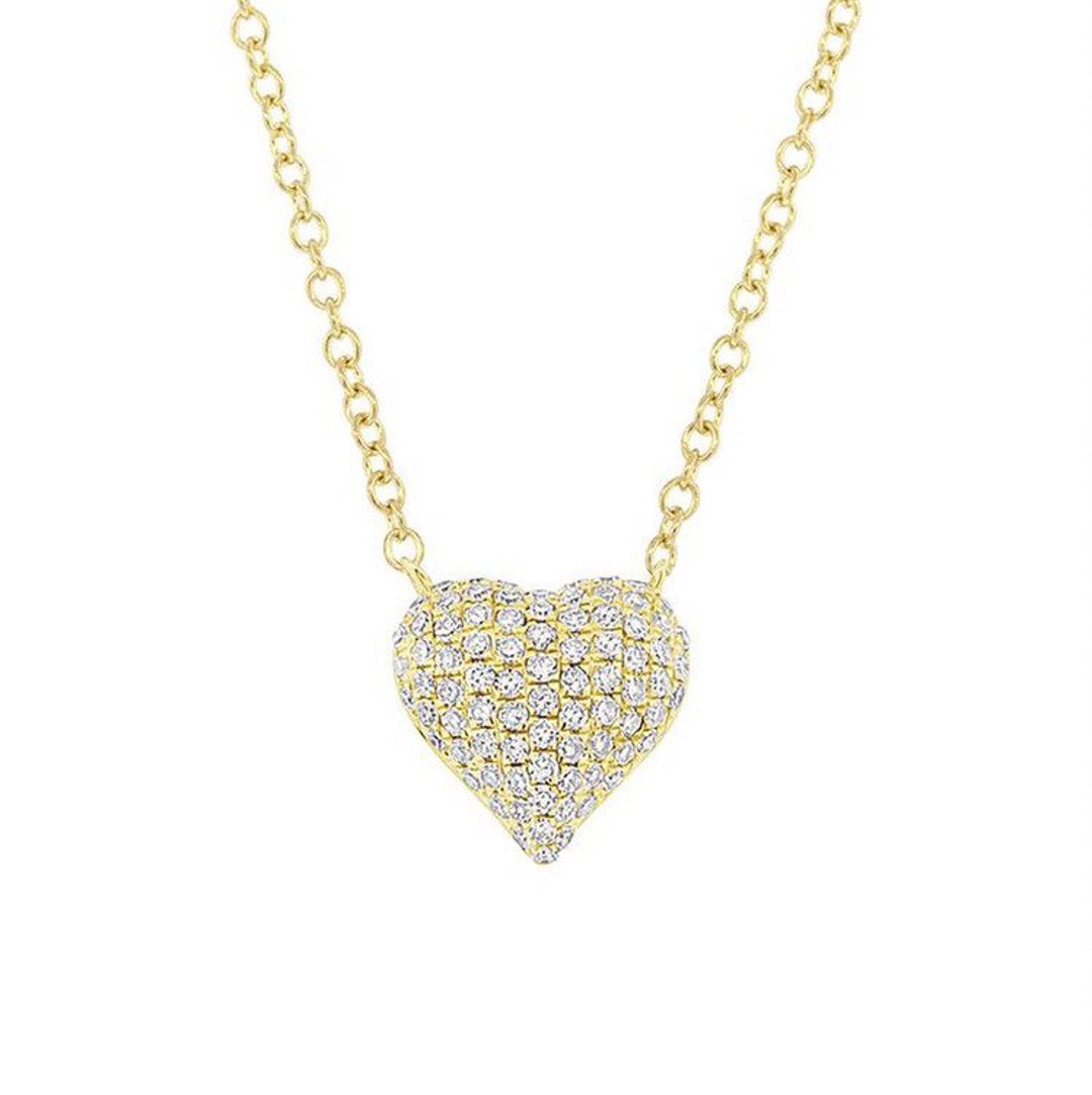 14K Yellow Gold Small Diamond Pave Puffy Heart Pendant #1368 - Etsy