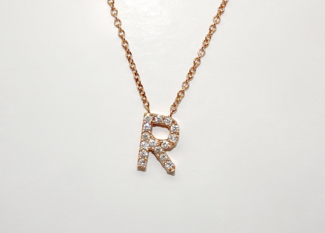 14K Rose Gold Diamond Pave Initial Letter R Pendant | Etsy