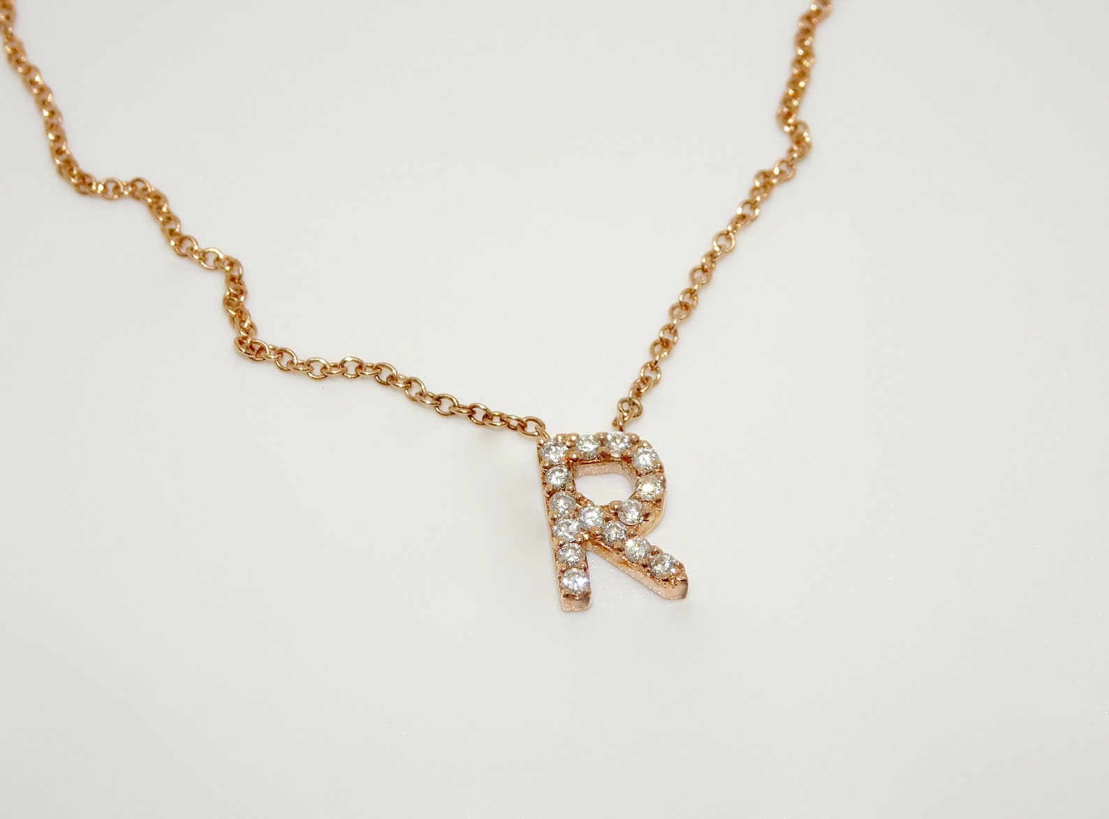 14K Rose Gold Diamond Pave Initial Letter R Pendant - Etsy